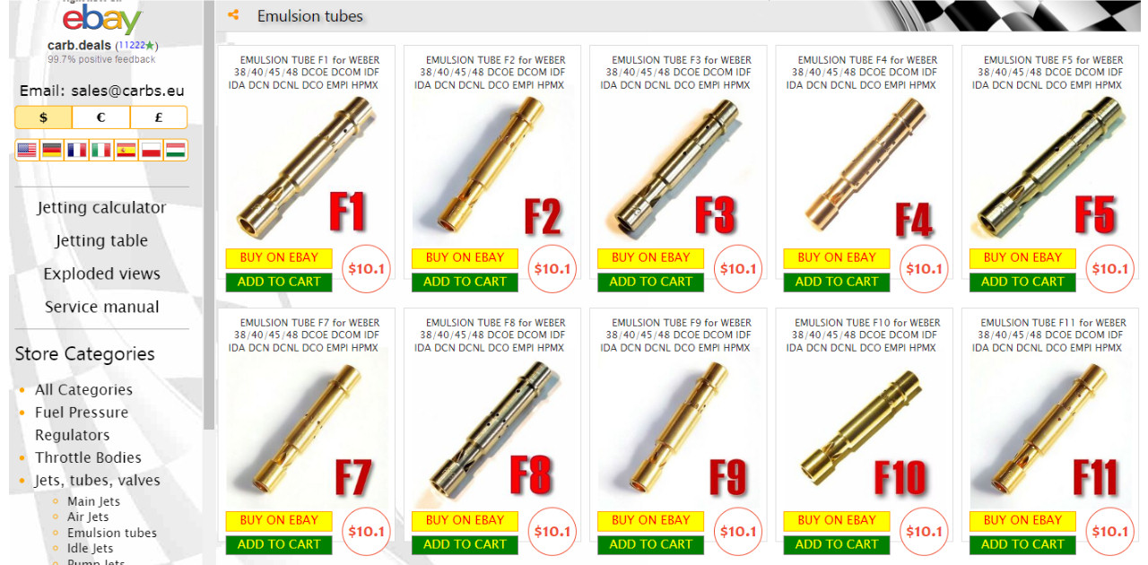 Weber carburetor Jetting table - en - USD